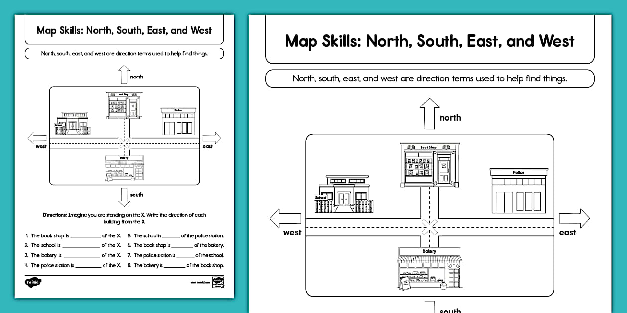 2nd Grade Map Skills: North, South, East, and West Activity Worksheet