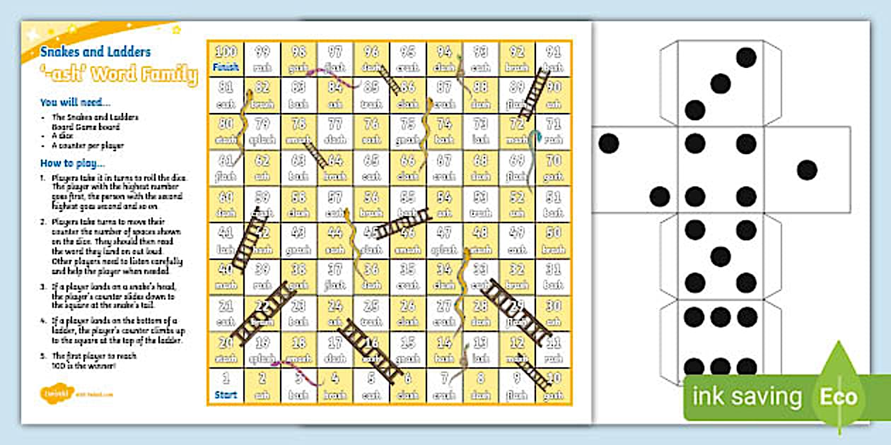 Snakes & Ladders Word Family '-ash' Game (Teacher-Made)
