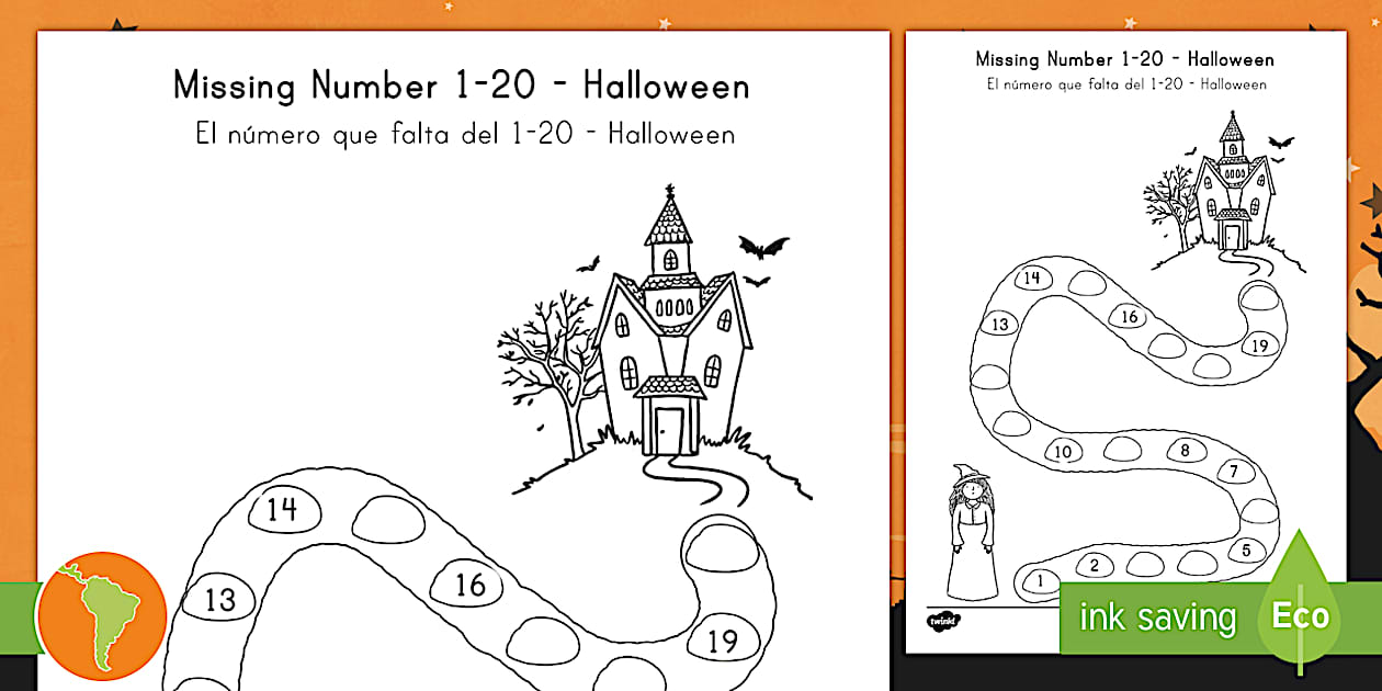 Halloween Missing Numbers to 20 English/Spanish Worksheet - Guía de trabajo