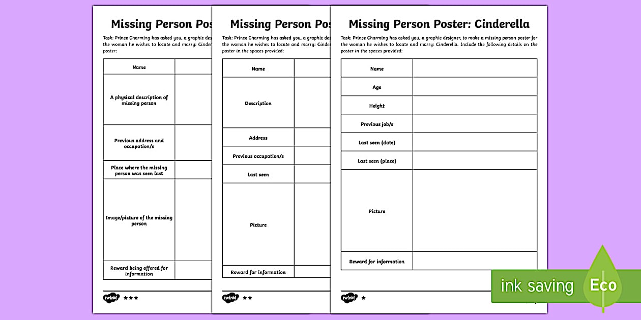 Editable Cinderella Missing Person Poster Writing Template