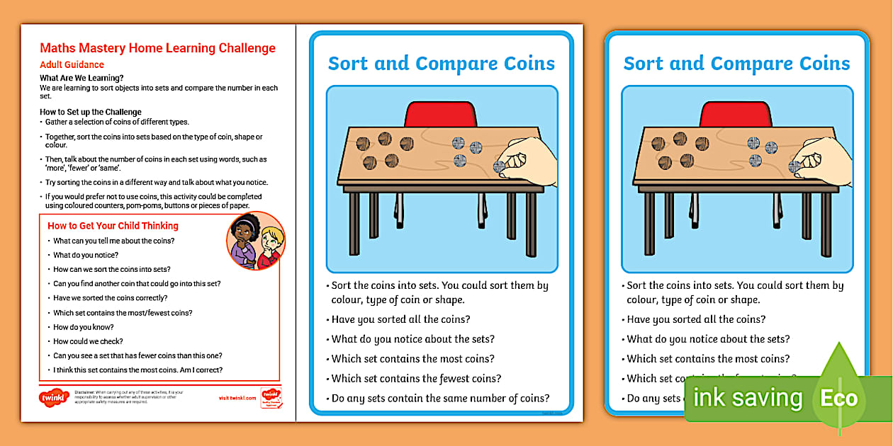 👉 Kindergarten Maths Home Learning Challenge Sort and Compare Coins