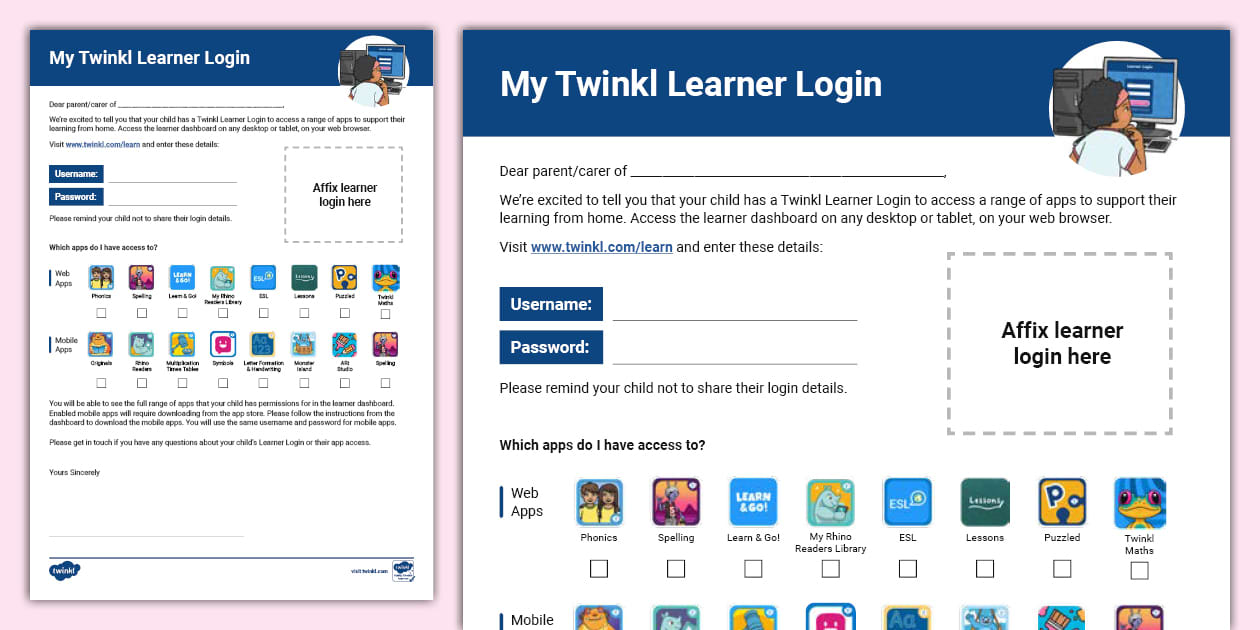 Twinkl Learner Login Editable Letter Home to Parents
