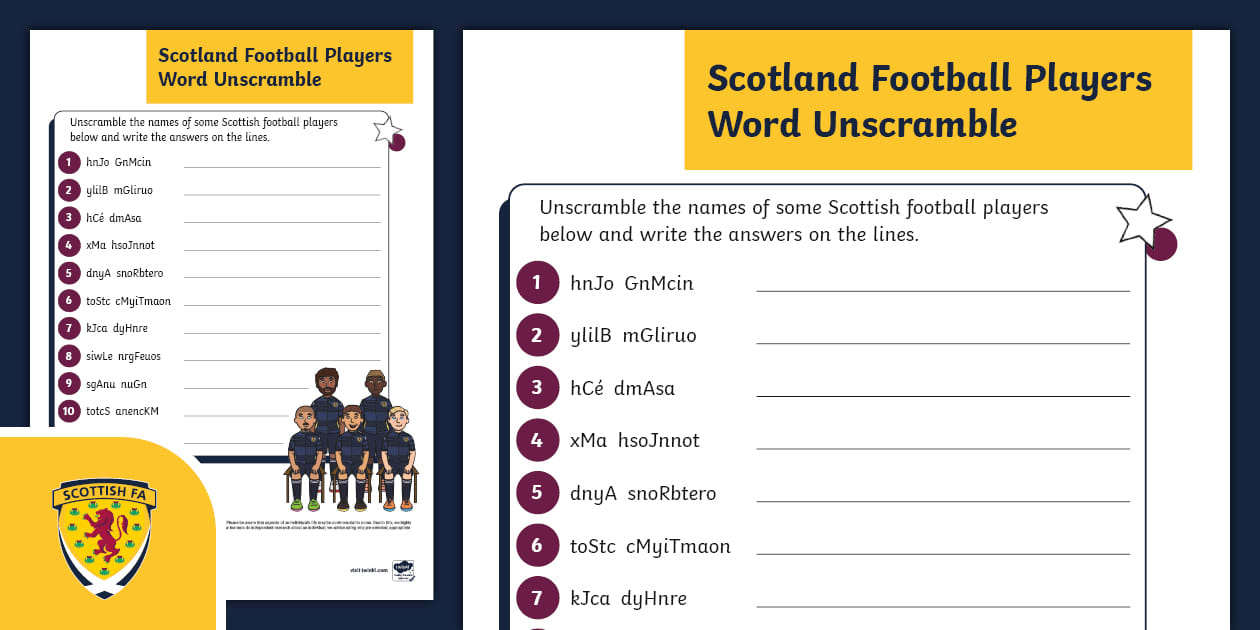 Scottish Football Players Word Unscramble Activity Sheet