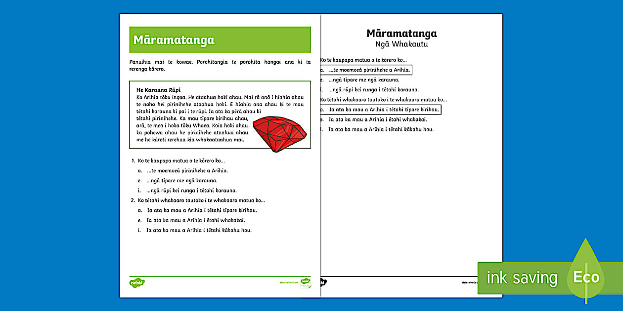 Ruby Crown Reading Comprehension Worksheet / Worksheet - Te Reo Māori