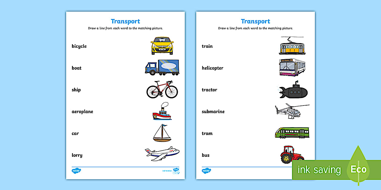 Transport Word and Picture Matching Worksheet (teacher made)