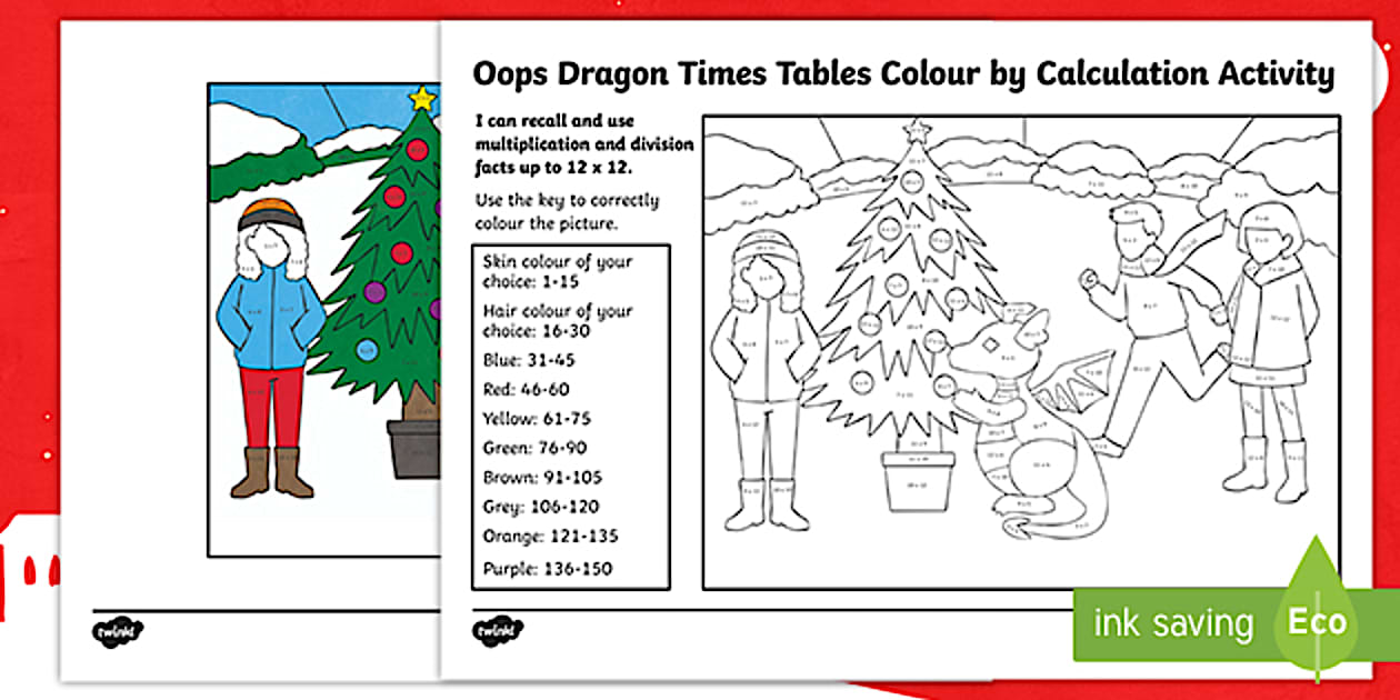 👉 Oops Dragon Times Tables Colour by Calculation Maths Worksheet