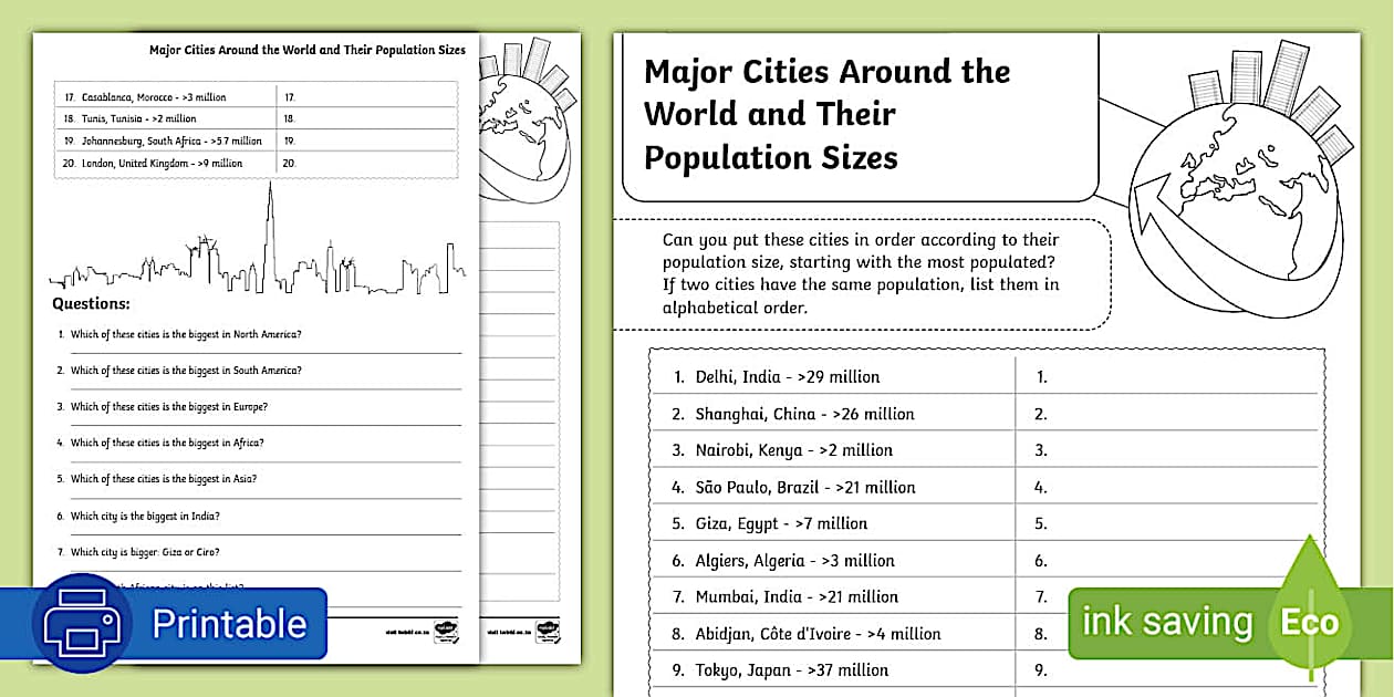 Major Cities Around the World and Their Population Sizes Activity