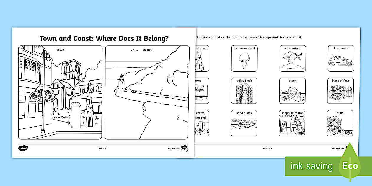 Town and Coast 'Where Does It Belong?' Worksheet - Twinkl