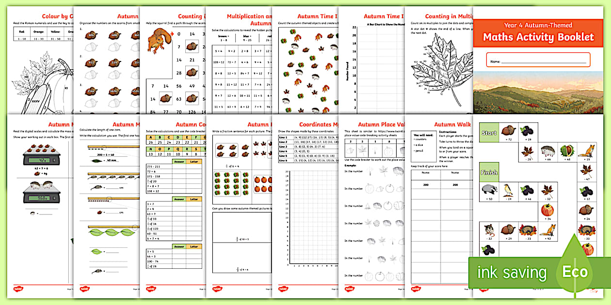 Year 4 Autumn-Themed Maths Home Learning Activity Booklet
