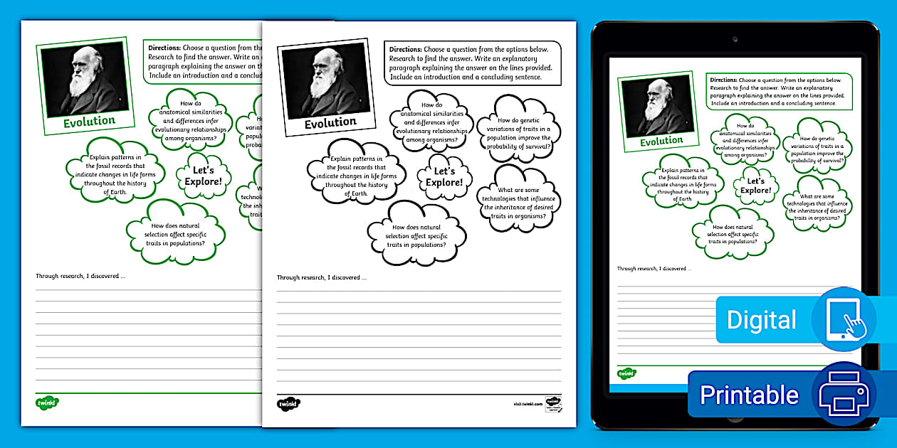 Evolution Research Writing Activity Worksheet for 6th-8th Grade