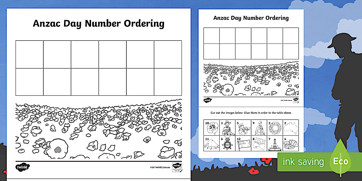 Anzac Day Numbers to 12 Ordering Worksheet - Twinkl