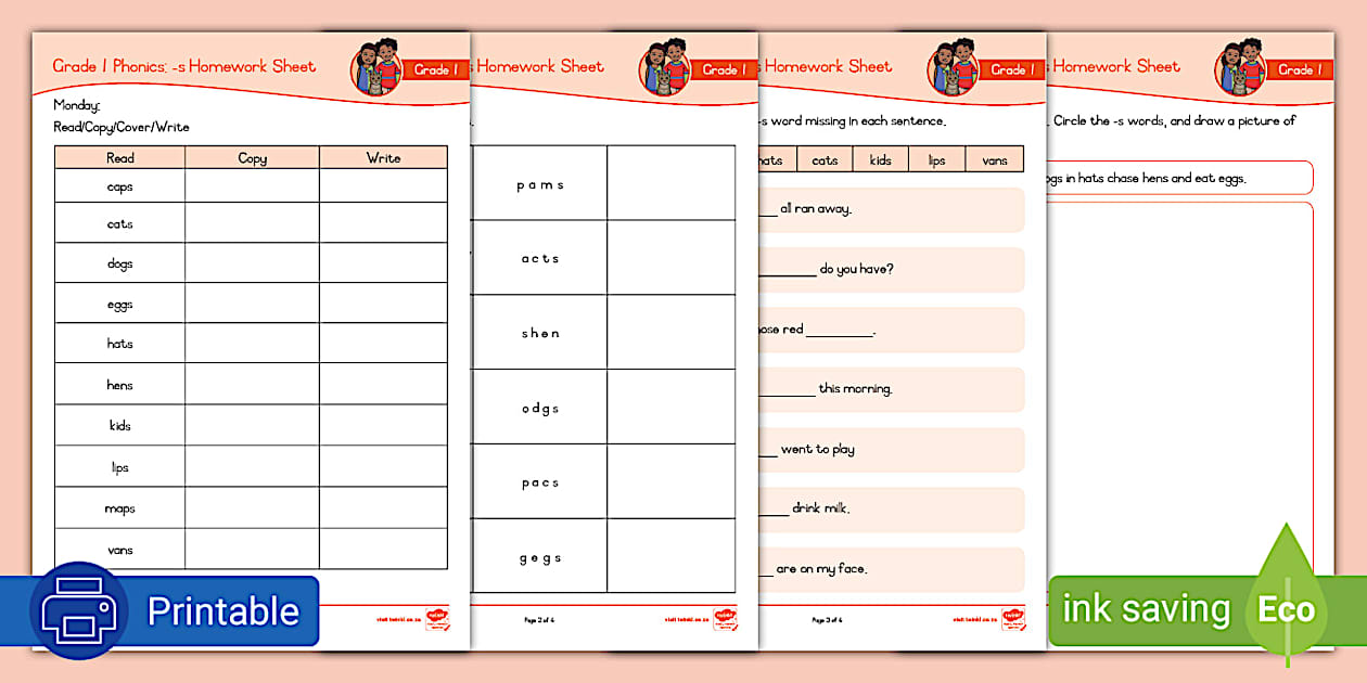 Grade 1 Phonics: -s Homework Sheet