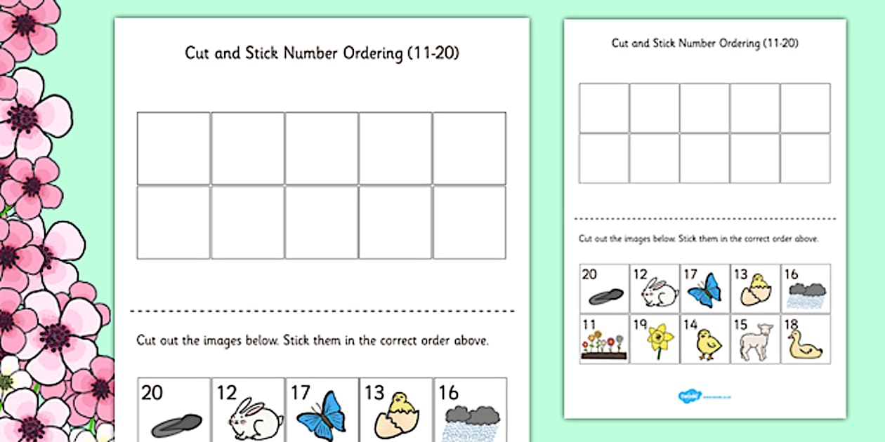 Black and White Spring Themed Cut and Stick Number Ordering Sheets 11-20