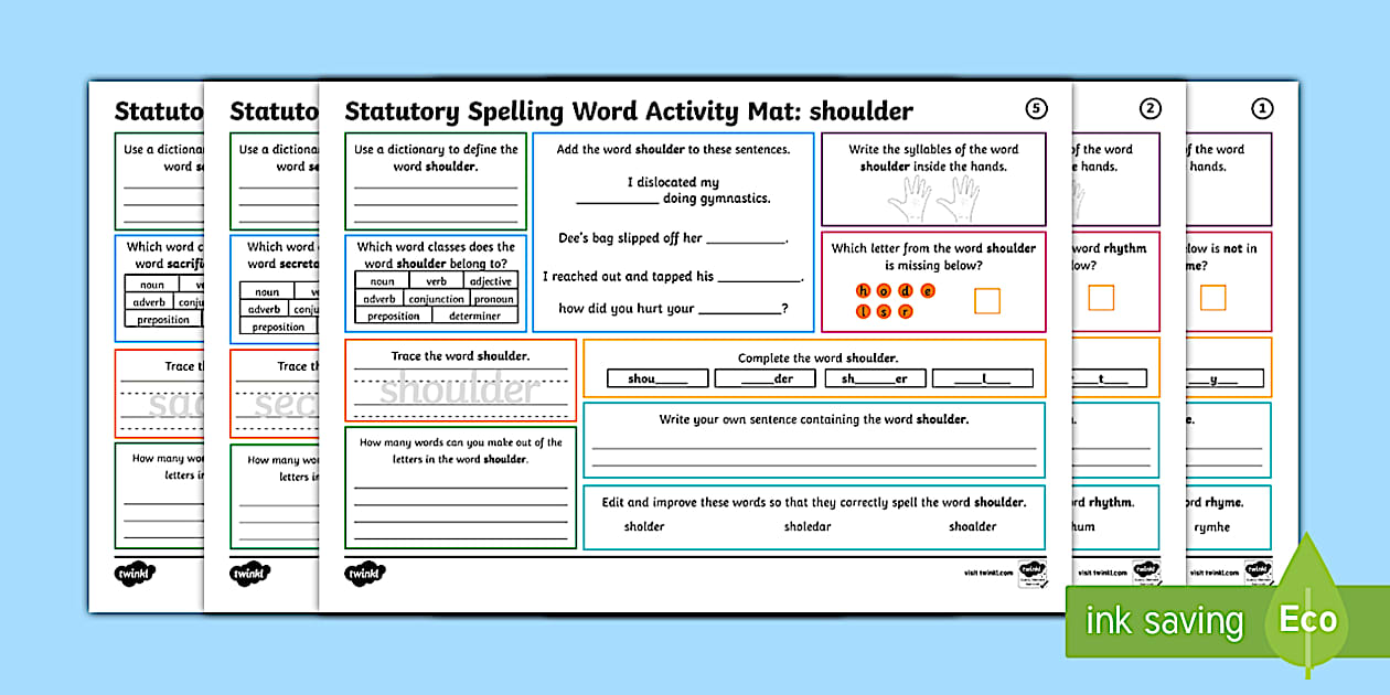 Black and White Year 5 and 6 Statutory Spelling Words Activity Mat Pack 17