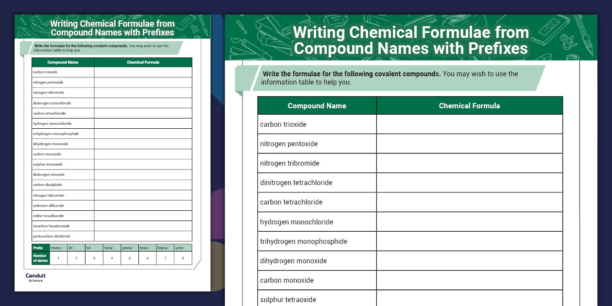 Writing Formulae from Compound Names with Prefixes Worksheet