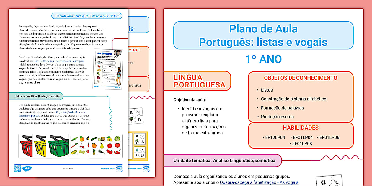 FREE! - Plano de aula 1º ano - Português: listas e vogais