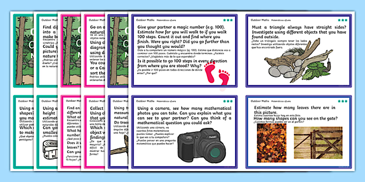 Outdoor Maths Challenge Cards Spanish Translation - Twinkl