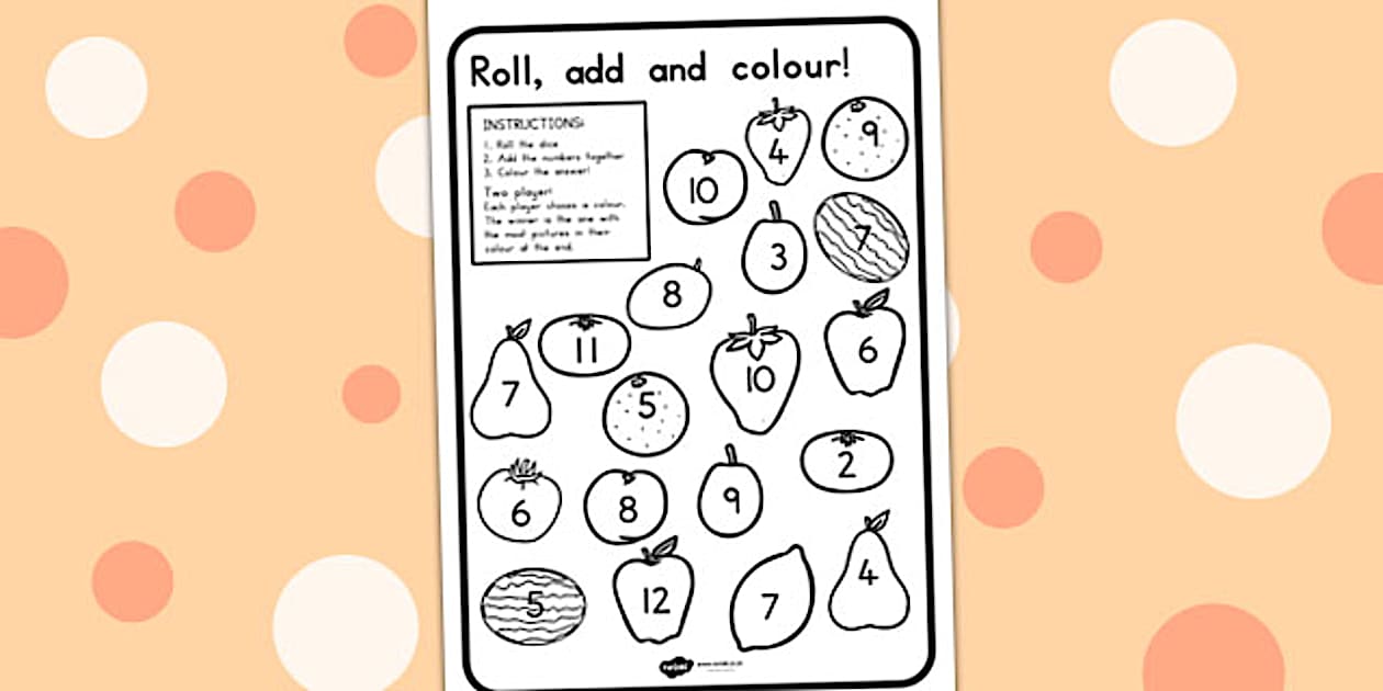 Fruit Roll and Colour Dice Addition Activity - healthy eating