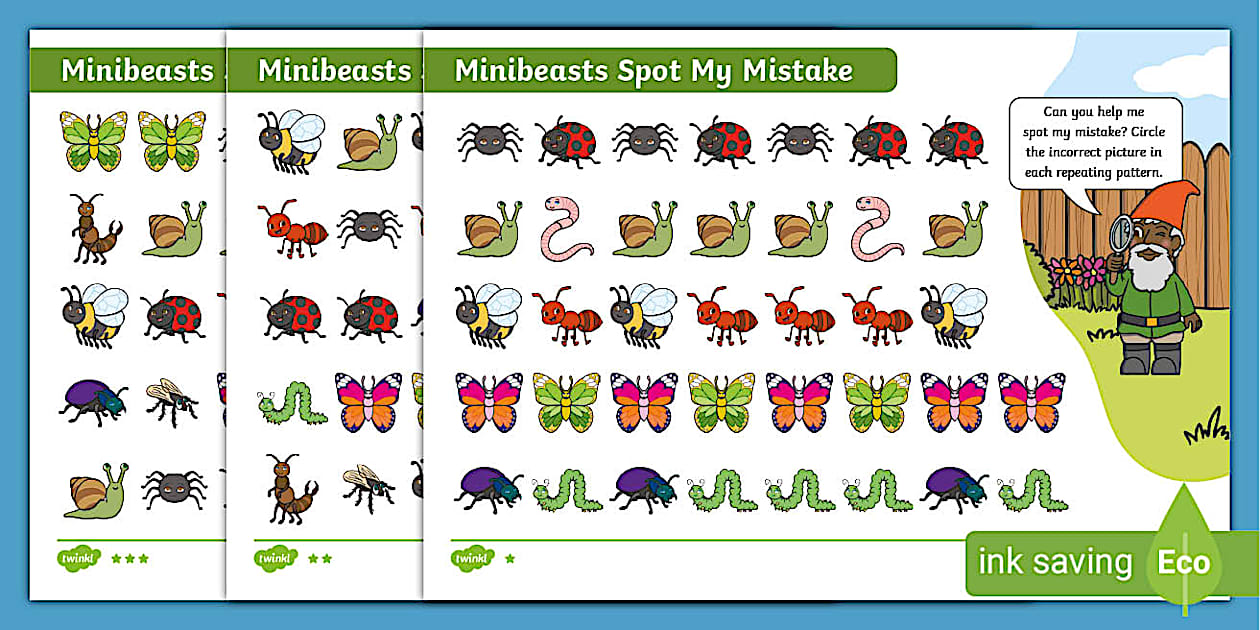 👉 Minibeasts Spot My Mistake | Repeating Patterns Kindergarten Twinkl