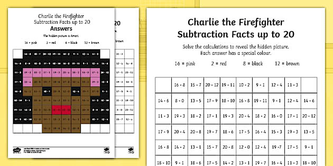 KS1 Charlie the Firefighter Subtraction Facts up to 20 Maths Mosaic ...