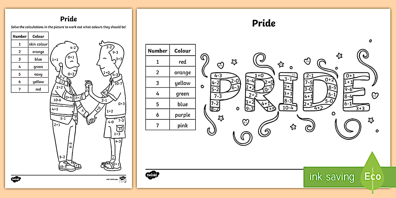 Pride Colour by Number Addition and Subtraction up to 10 Worksheet