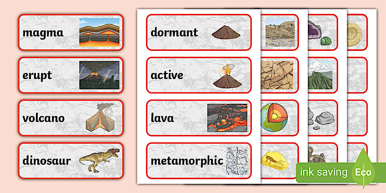 Cursive Rocks, Volcanoes and Fossils Word Cards - Twinkl