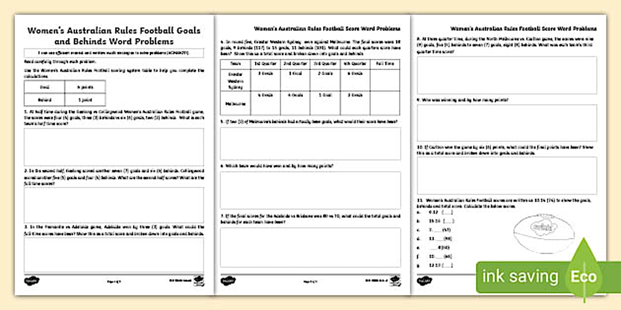 Women's Australian Rules Football Goal and Behind Word Problems Worksheet