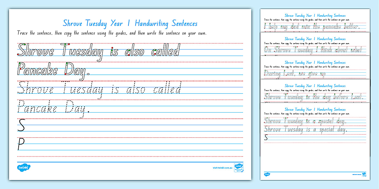 QLD Shrove Tuesday Year 1 Handwriting Practise Worksheet