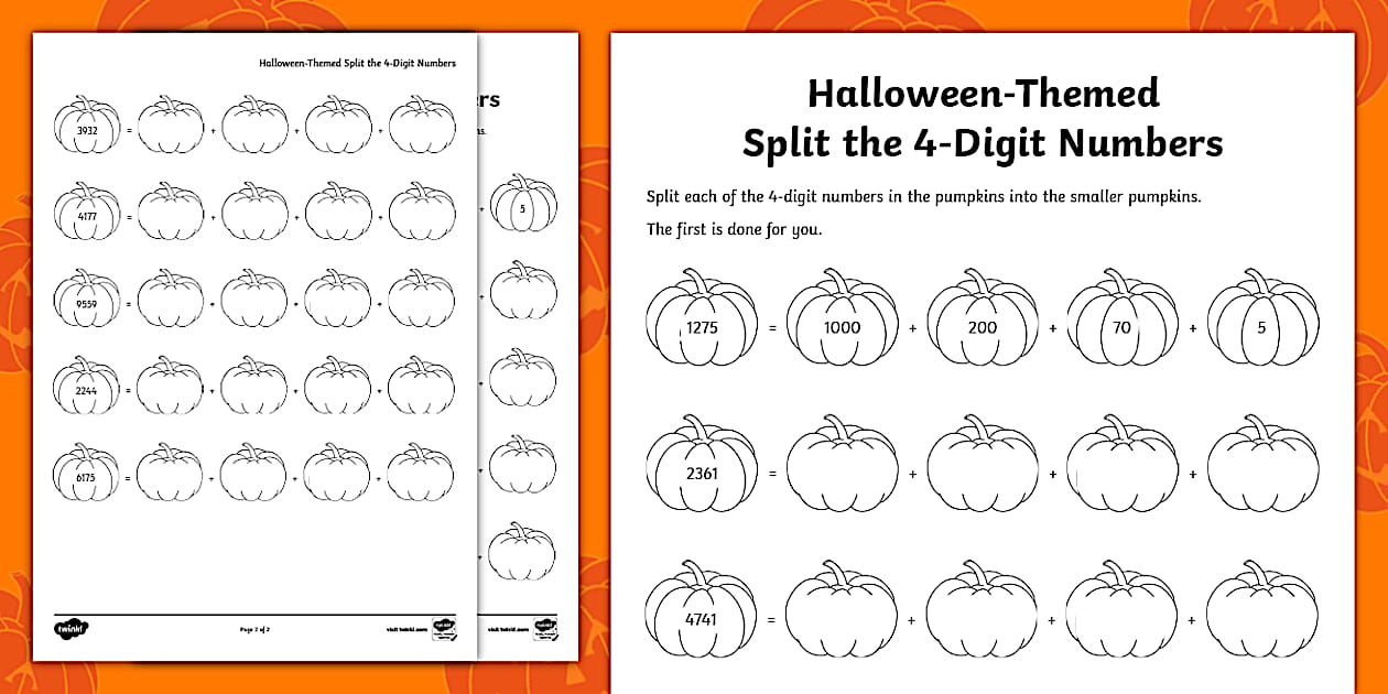 Halloween-Themed Split the 4-Digit Numbers Worksheet