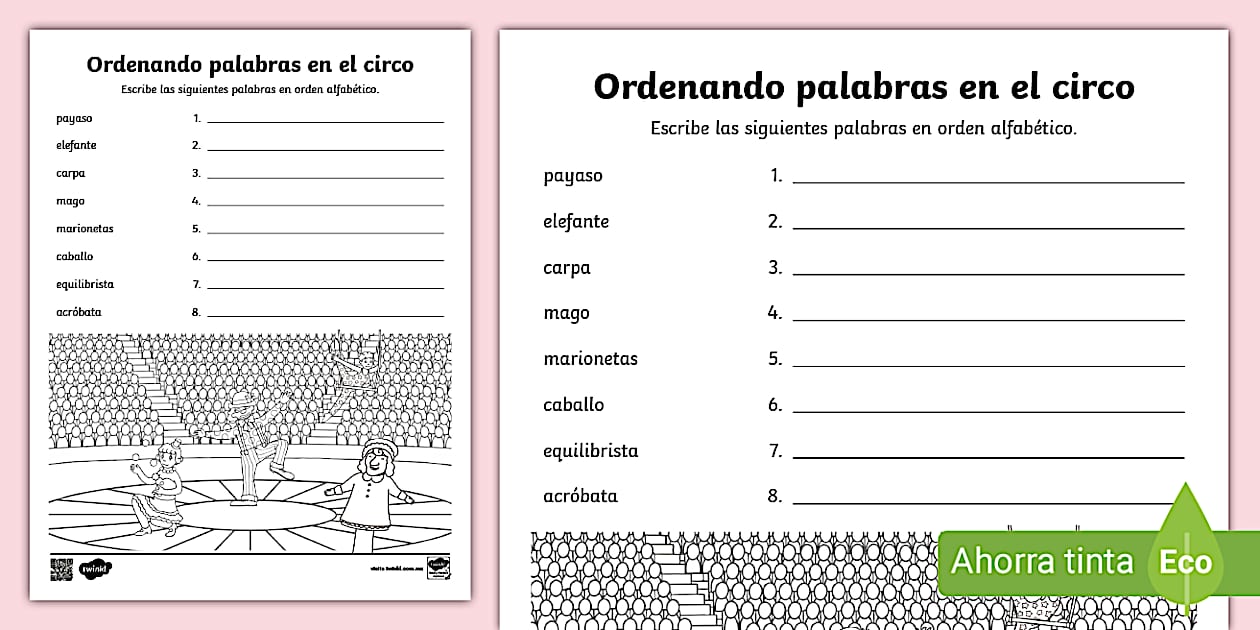 Hoja de actividad: Ordenando palabras en el circo - Twinkl