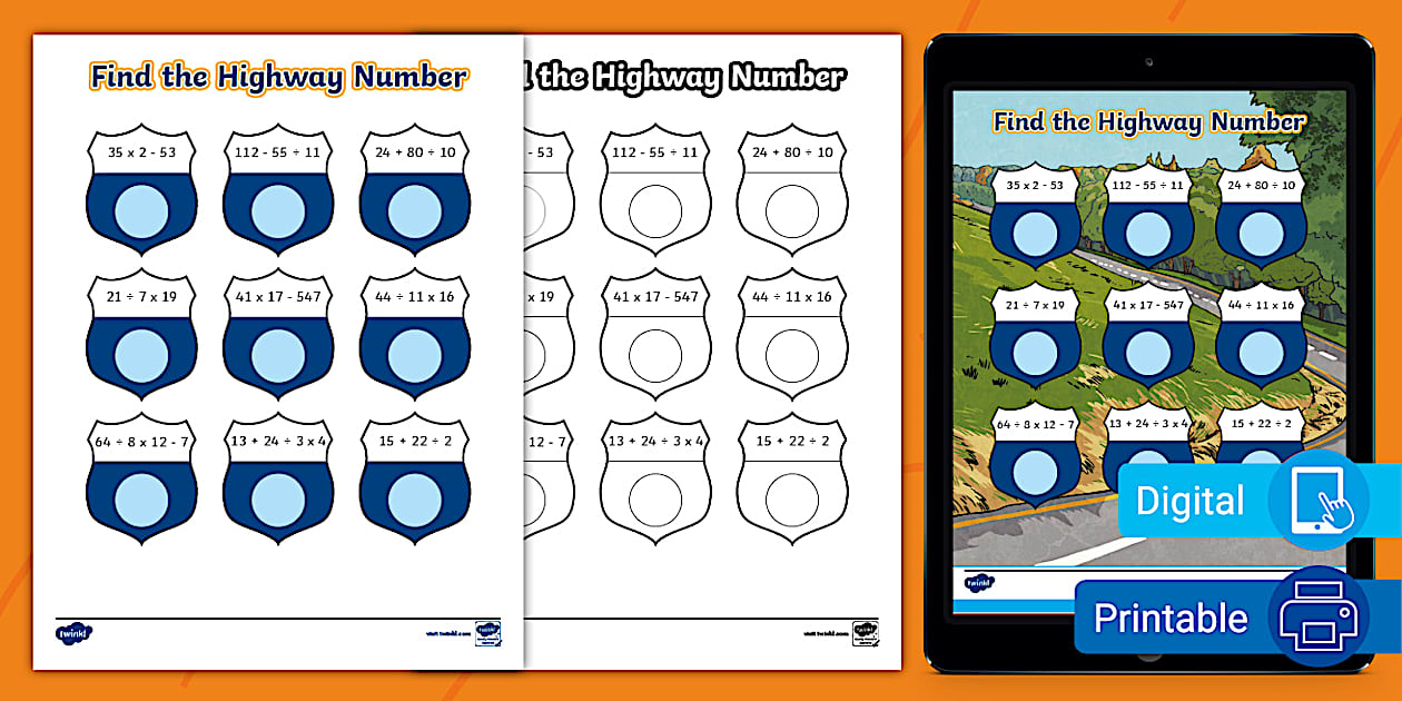 Find the Highway Number Mixed Operations Math Worksheet