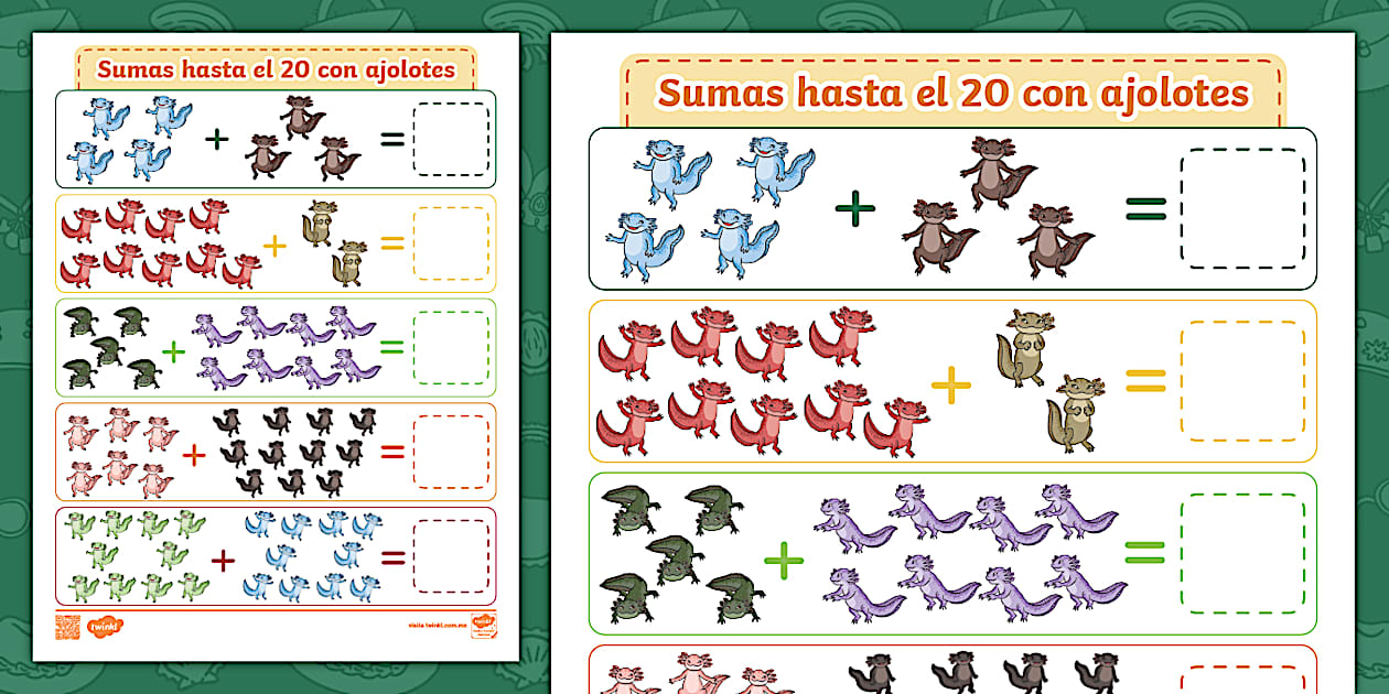 Sumas hasta el 20 - ajolotes (Teacher-Made) - Twinkl