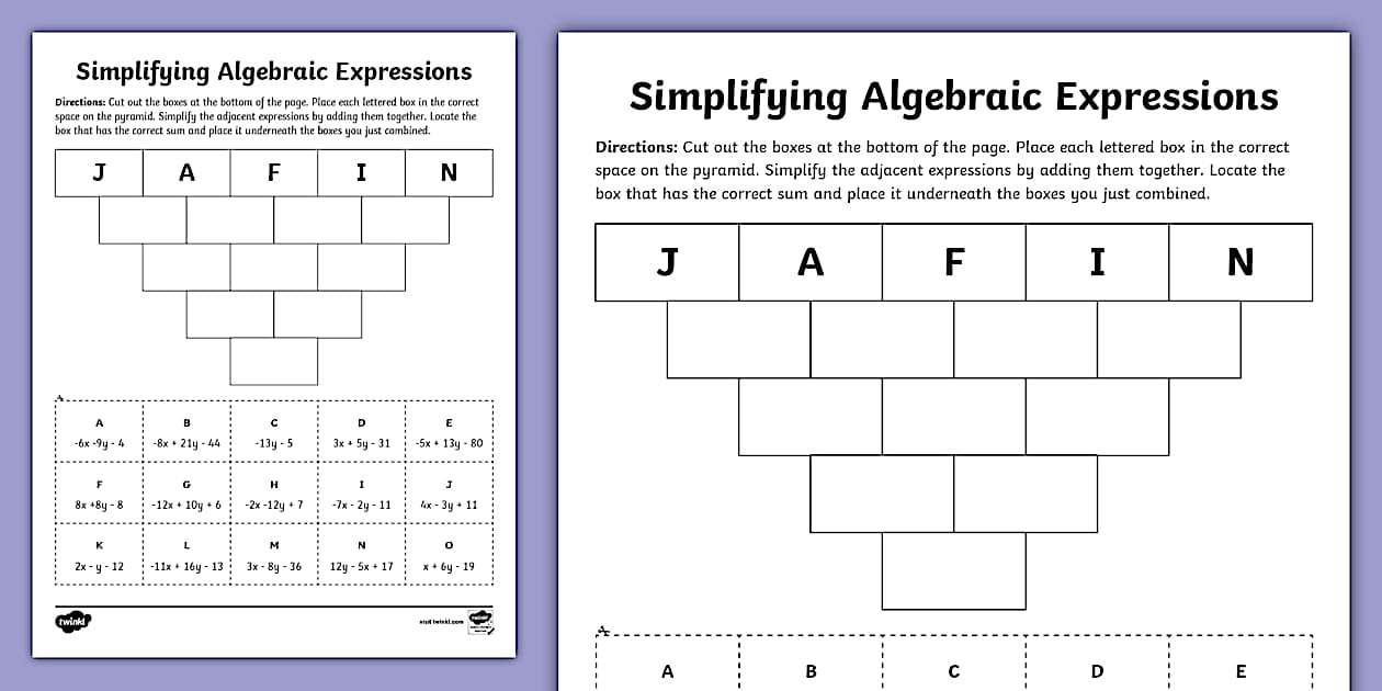Simplifying Algebraic Expressions Pyramid Sum Puzzle