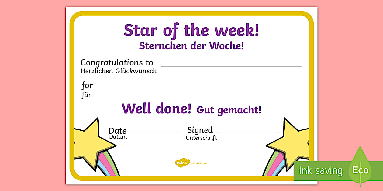 Star of the Week Award Certificate - English/German - Twinkl