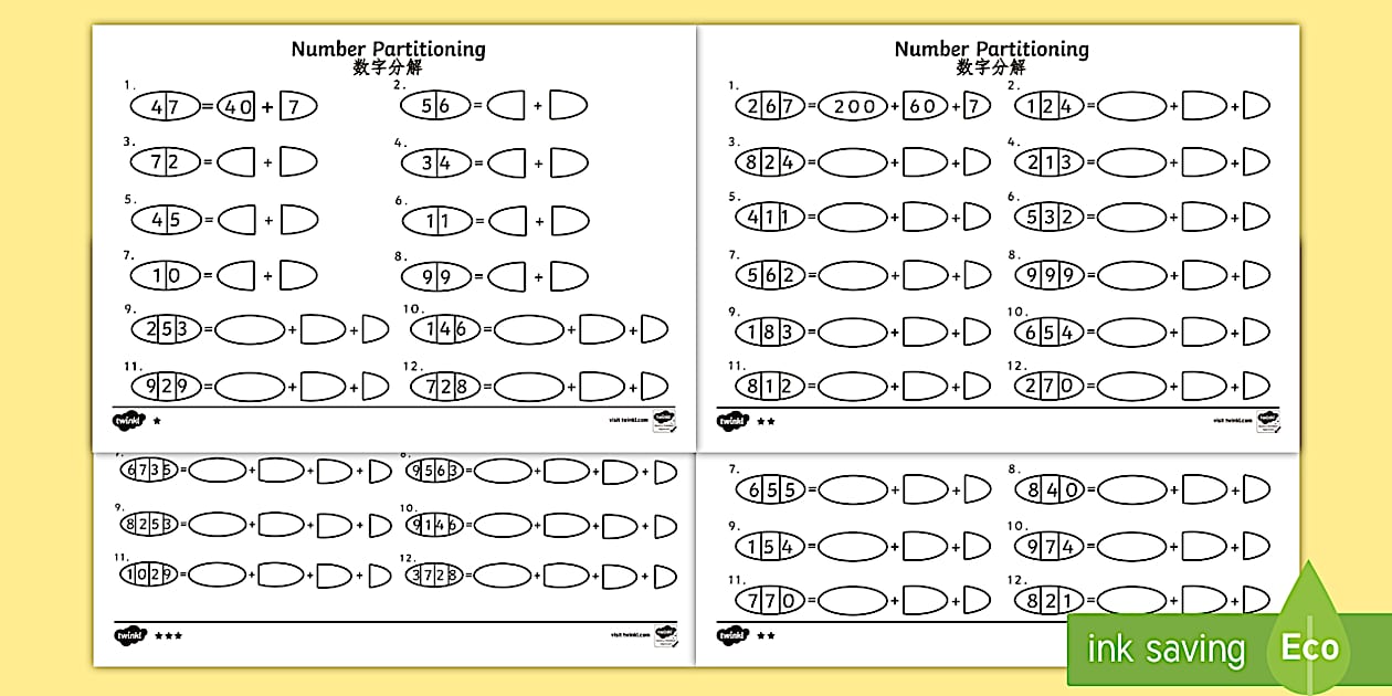 Hundreds, Tens and Ones Number Partitioning Worksheet / Worksheet