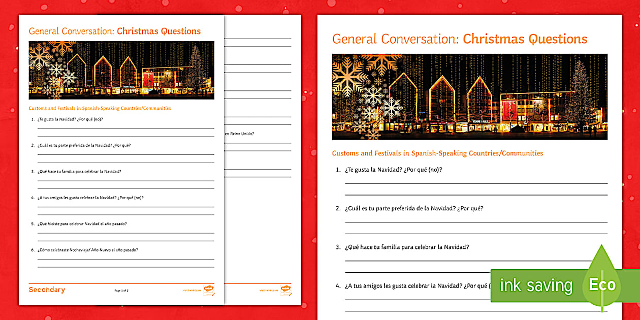General Conversation Christmas Question List Writing Activity Spanish