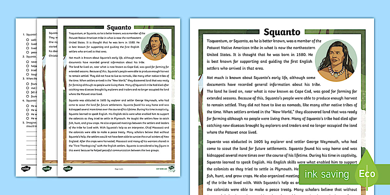 5th Grade Squanto Reading Comprehension | Indigenous Peoples