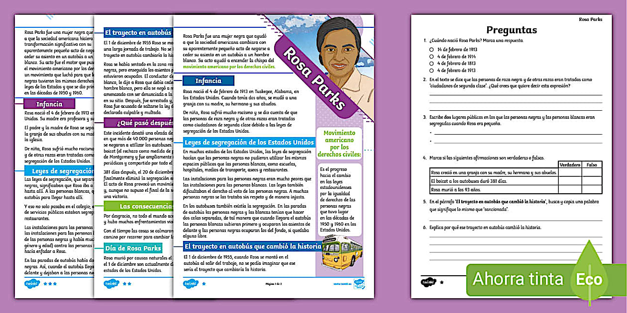 Comprensión lectora por niveles: Rosa Parks