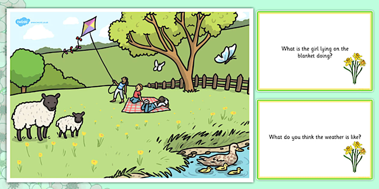 Editable Spring Park Scene and Question Cards - Twinkl