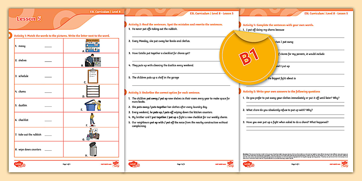 ESL Curriculum Level 8, Lesson 5 Worksheet - Twinkl