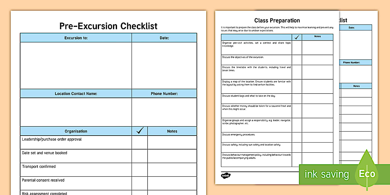 Editable Pre-Excursion Checklist (teacher made) - Twinkl