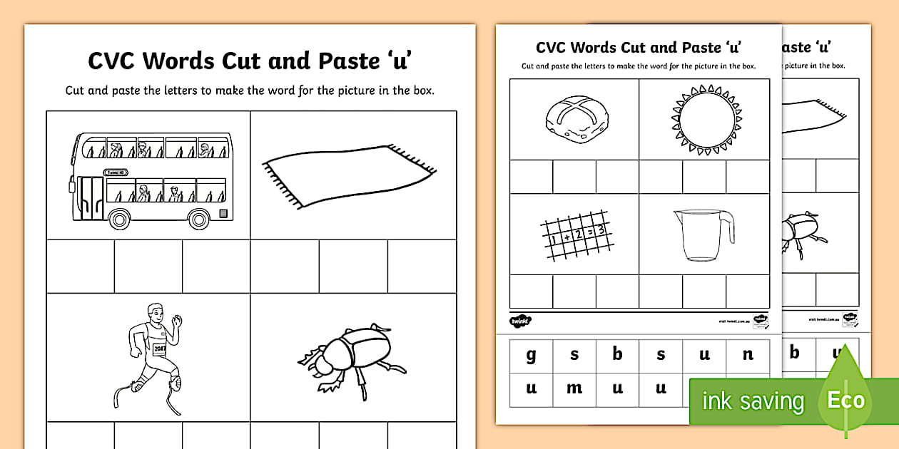 CVC 'u' Words Cut and Paste Worksheets - Twinkl