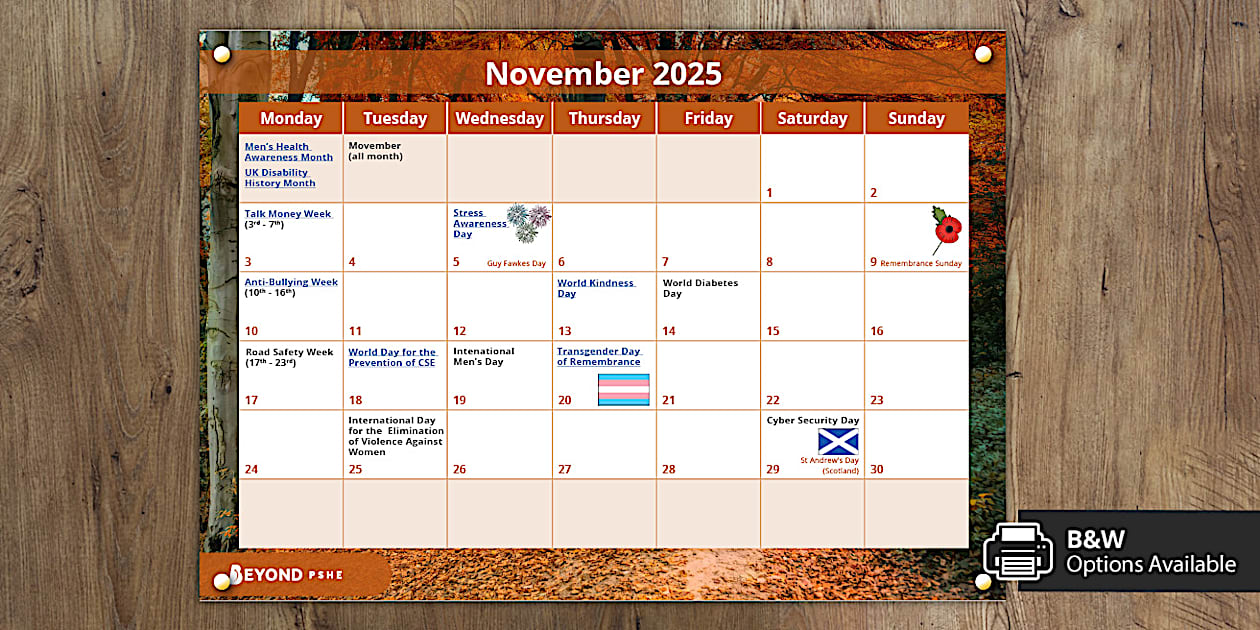 PSHE KS3-KS4 Calendar November 2025 (teacher made) - Twinkl