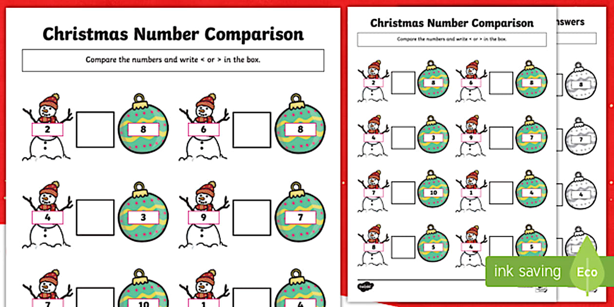 Christmas Themed Up to 10 Number Comparison Worksheet / Worksheet