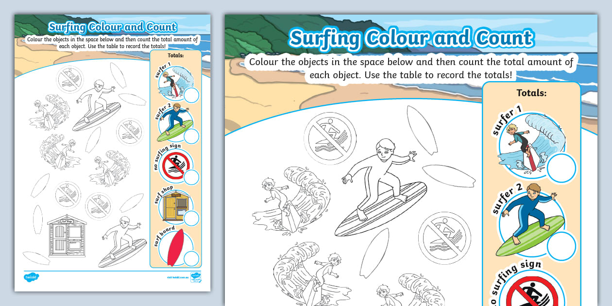 Surfing Colour and Count Worksheet (teacher made) - Twinkl