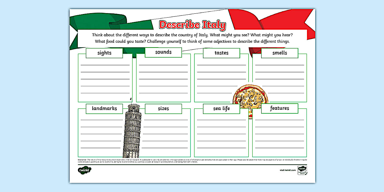 Italy Adjectives Worksheet (Teacher-Made) - Twinkl
