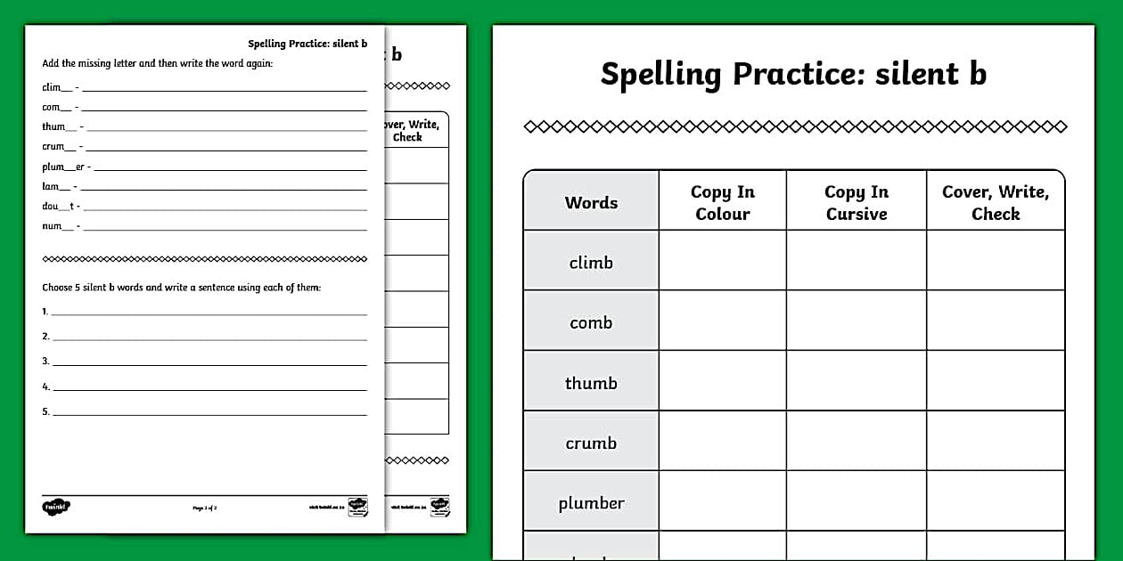 Grade 3 silent b Phonics Spelling Practice Sheets - Twinkl