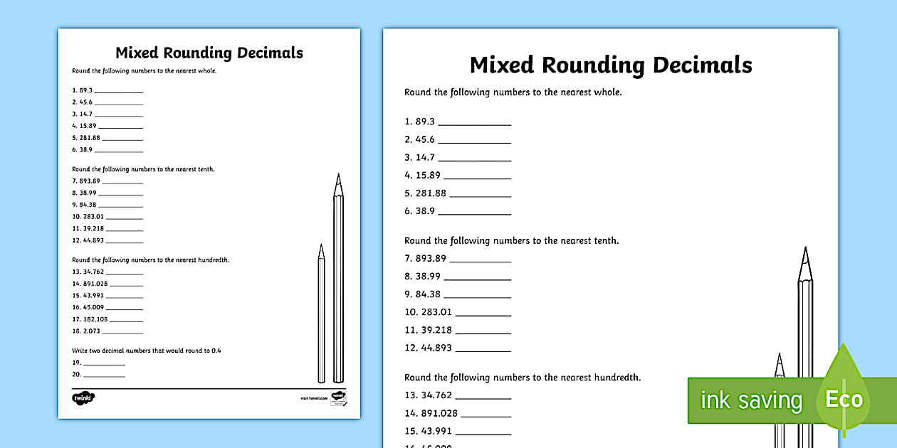 Rounding Decimals to Tenths and Hundredths Worksheet for 3rd-5th Grade