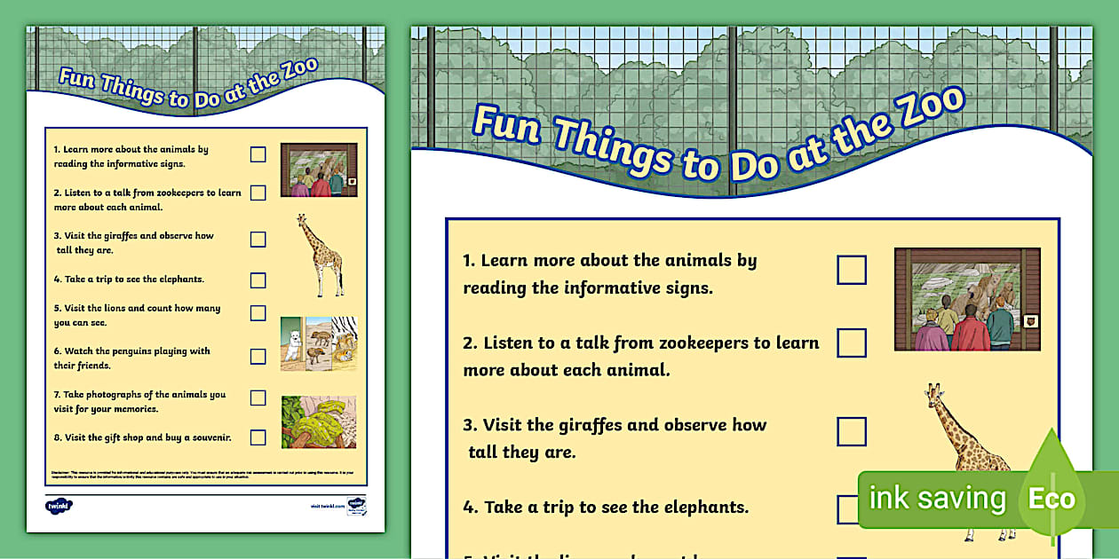 Things to Do at the Zoo Checklist Activity (teacher made)