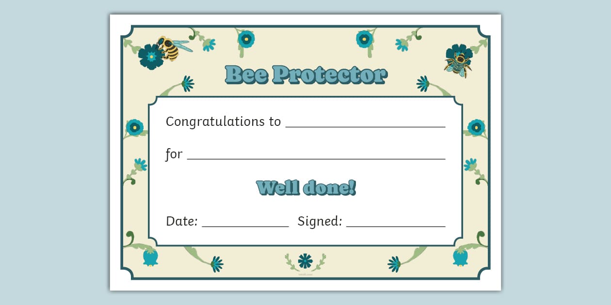 Bee-Themed Bee Protection Certificate (teacher made)